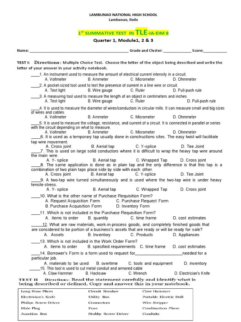 Eim 8 - 1st Summative Test | PDF | Wire | Insulator (Electricity)