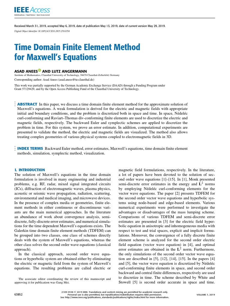 Time Domain Finite Element Method For Maxwells Equations | PDF | Finite Element Method | Maxwell ...