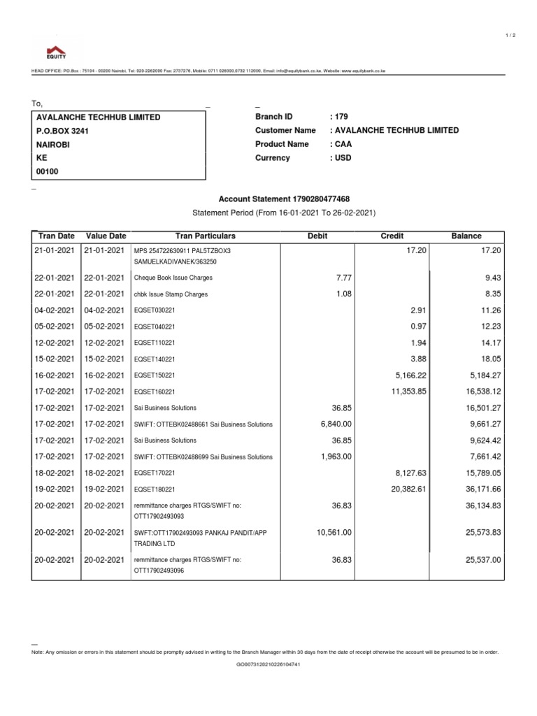 Avalanche Bank Statement 26.02.2021 | PDF | Debits And Credits | Banks