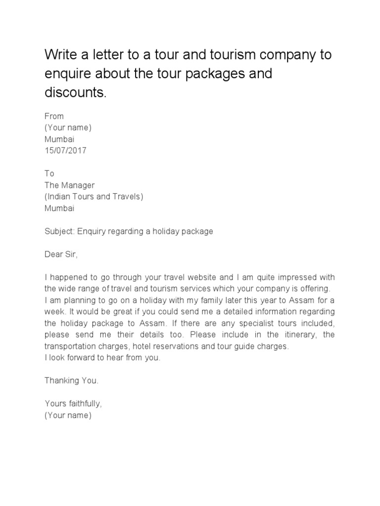 Write A Letter To A Tour and Tourism Company To Enquire About The Tour ...