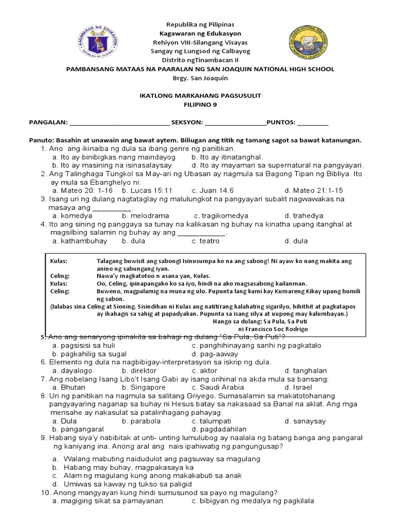 Test Paper Filipino 9 | PDF