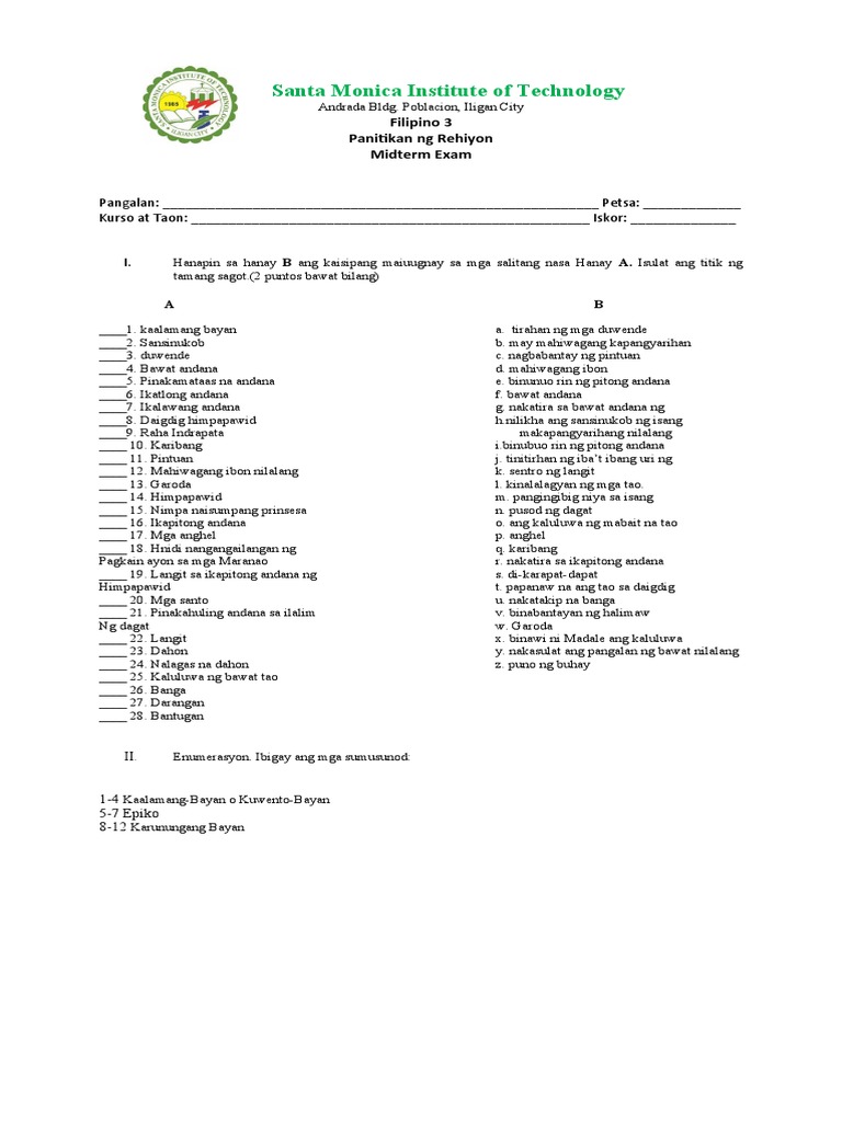Filipino 3 Midterm Exam | PDF