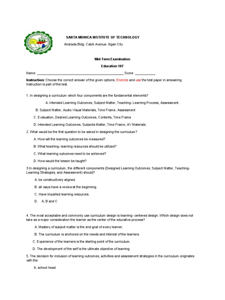 Educ 107 Midterm Exam.. | PDF | Educational Assessment | Curriculum