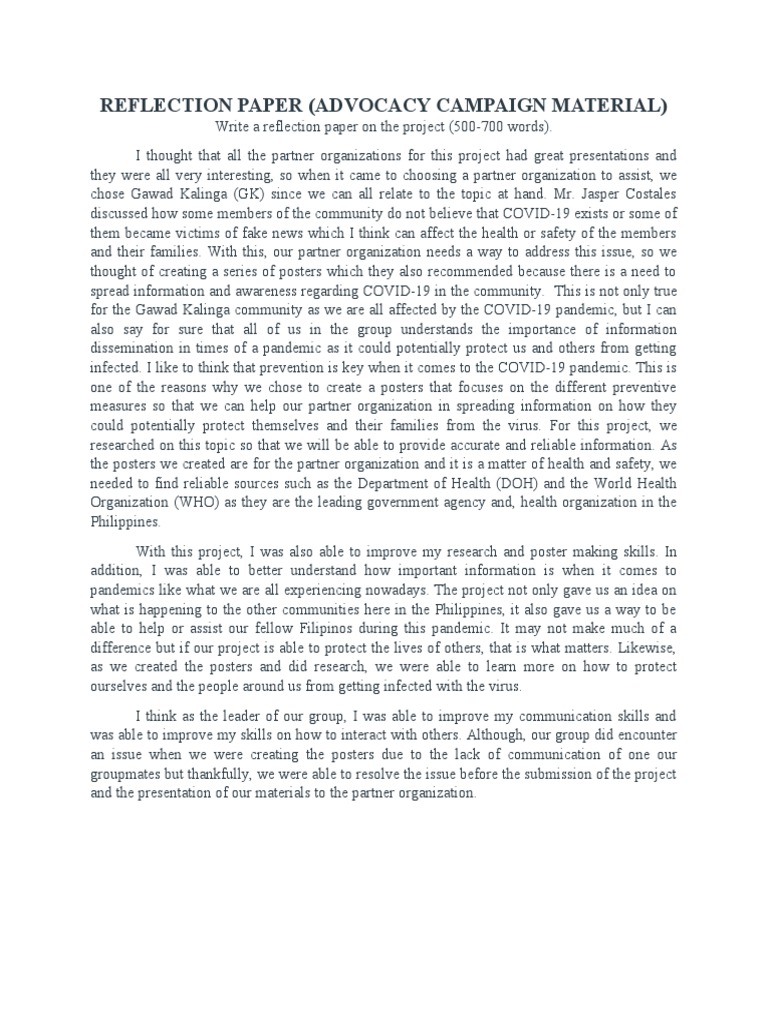 Reflection Paper For Advocacy Plan | PDF | Pandemic | Health Sciences