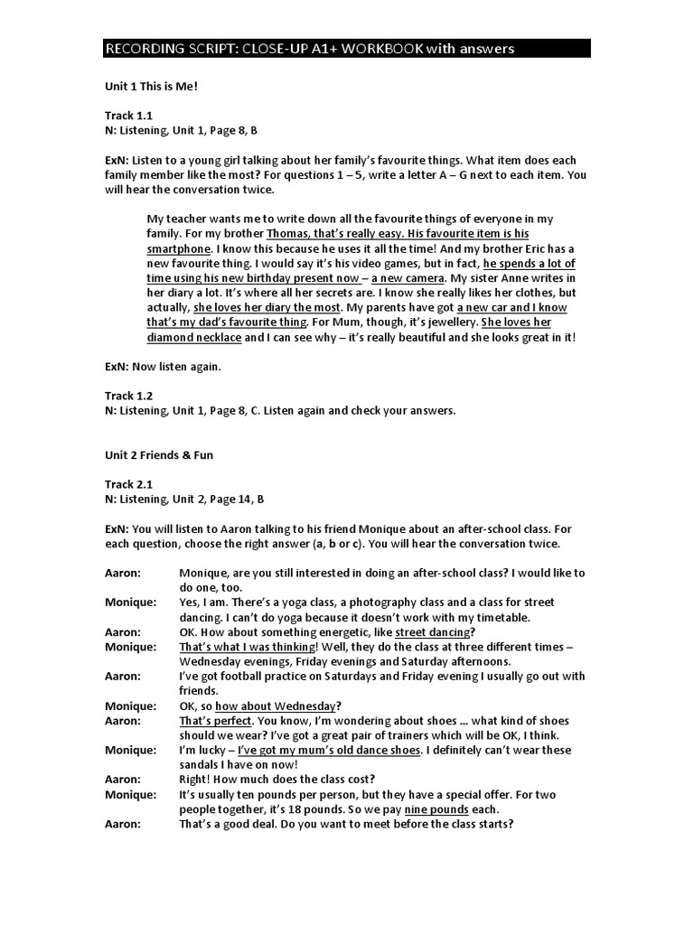 Close Up A1 Workbook Recording Scripts With Answers | PDF