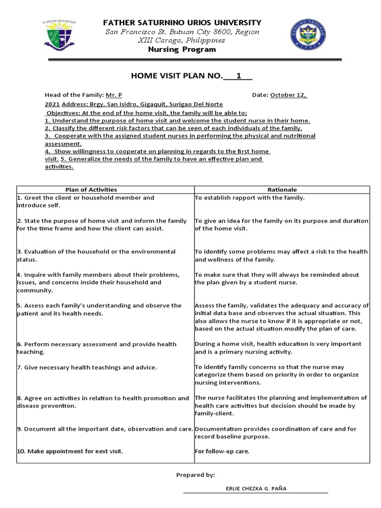 Home Visit Plan for Community Health Nursing | PDF | Nursing | Health ...