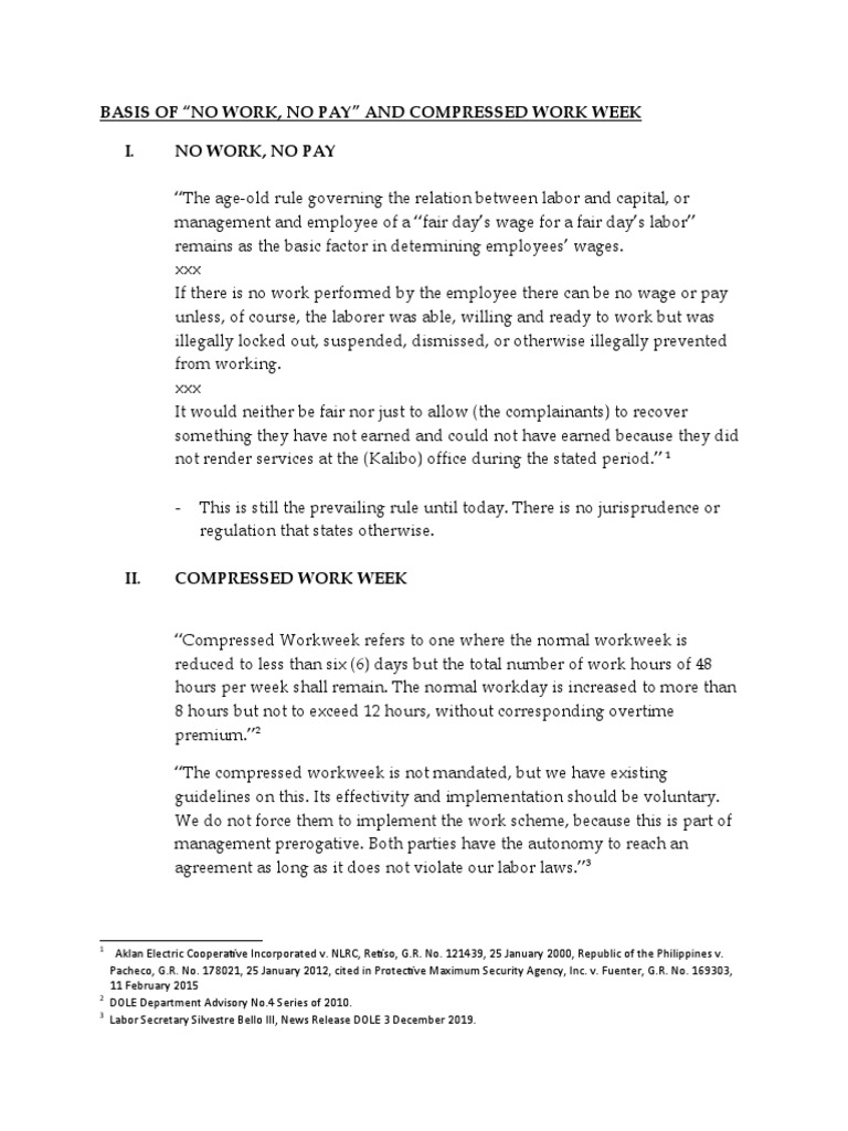 No Work, No Pay and Compressed Workweek | PDF | Overtime | Working Time