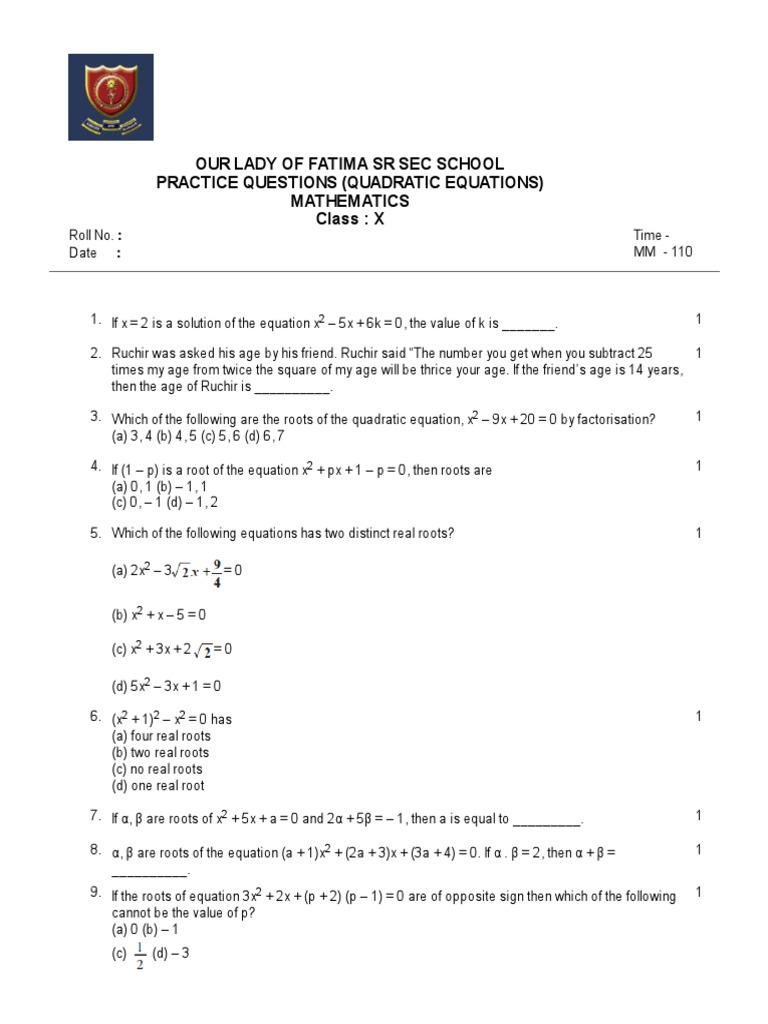 Class 10 Quadratic Equations Practice | PDF | Quadratic Equation ...