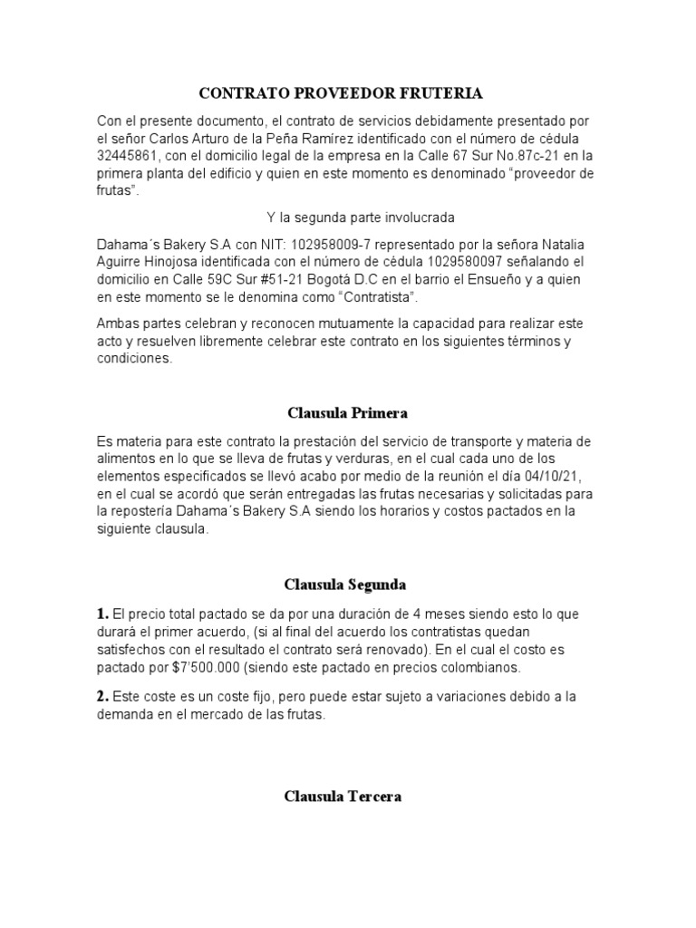 Contrato Proveedor Fruteria | PDF