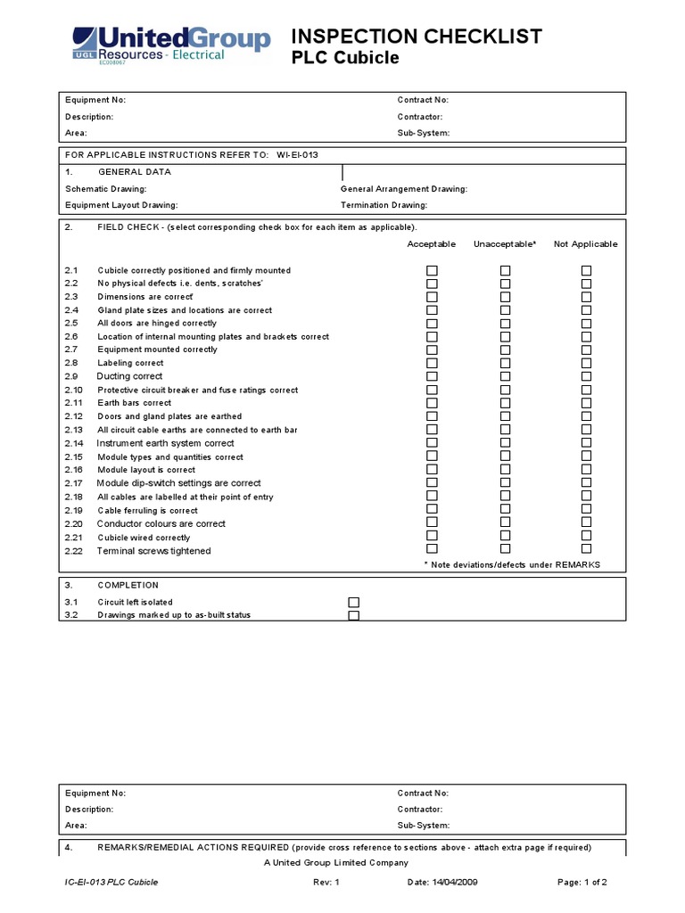 Inspection Checklist: PLC Cubicle | PDF | Equipment | Electricity