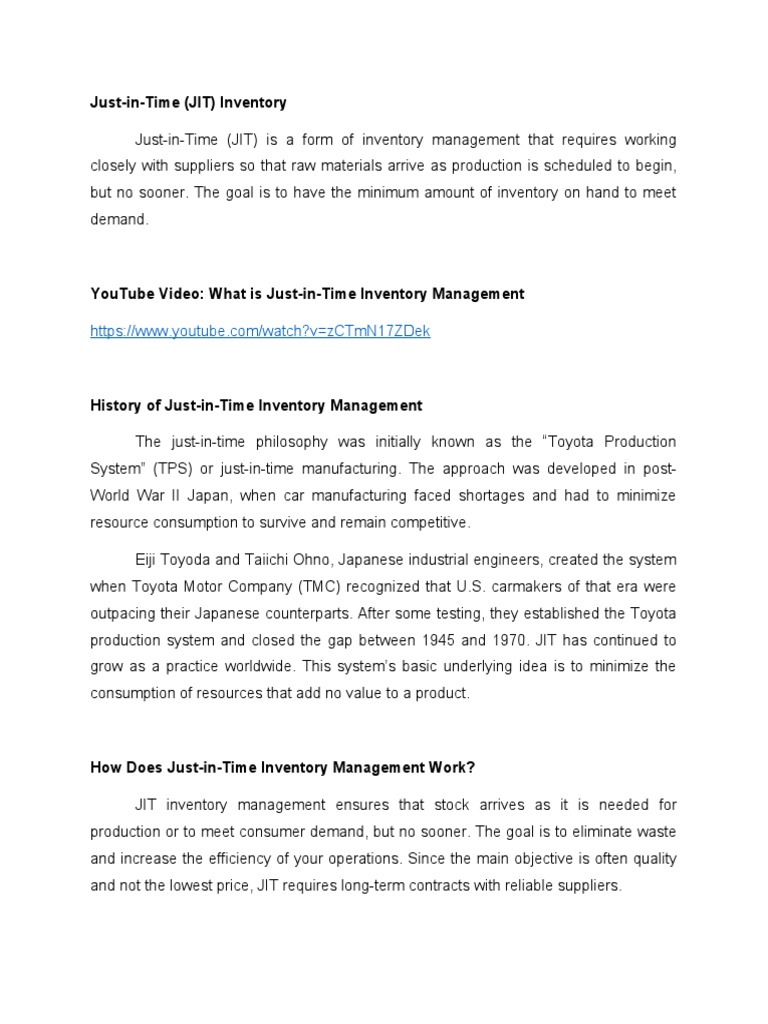 Just-in-Time (JIT) Inventory | Download Free PDF | Inventory | Supply Chain