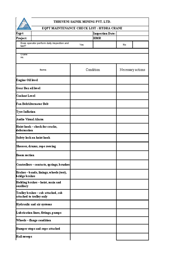 Equipment Maintenance Checklist for Hydra Crane with Focus on Ensuring ...