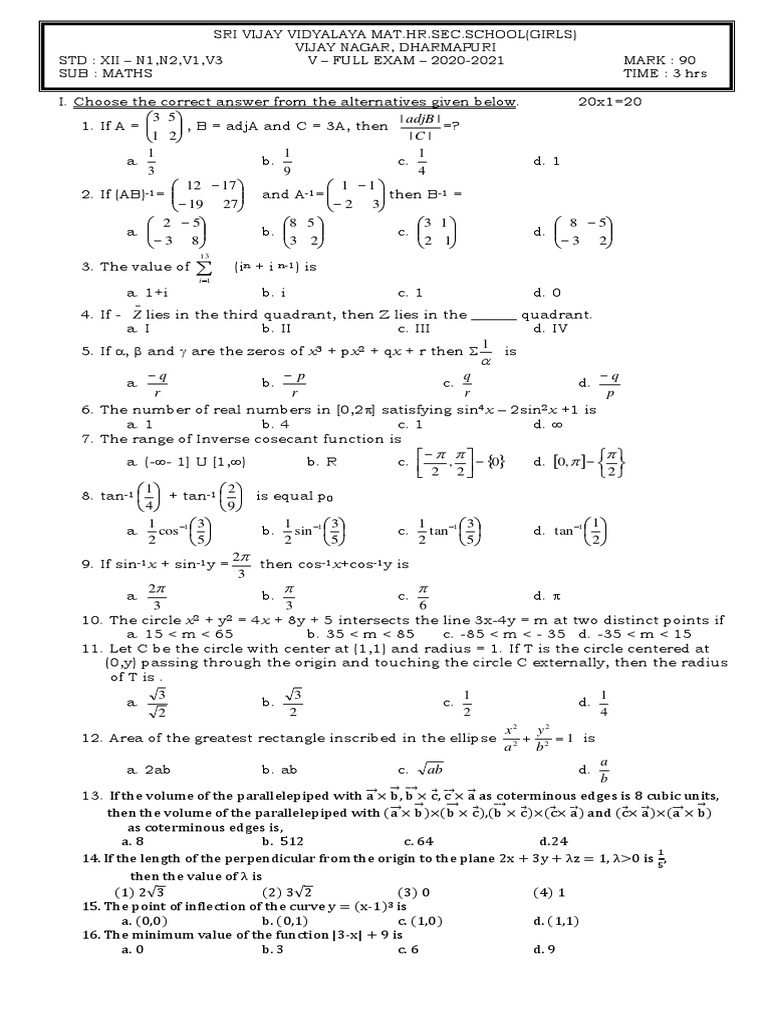 Xii - N1, N2, V2, V3-SS-01.05.2021 | PDF | Equations | Mathematics