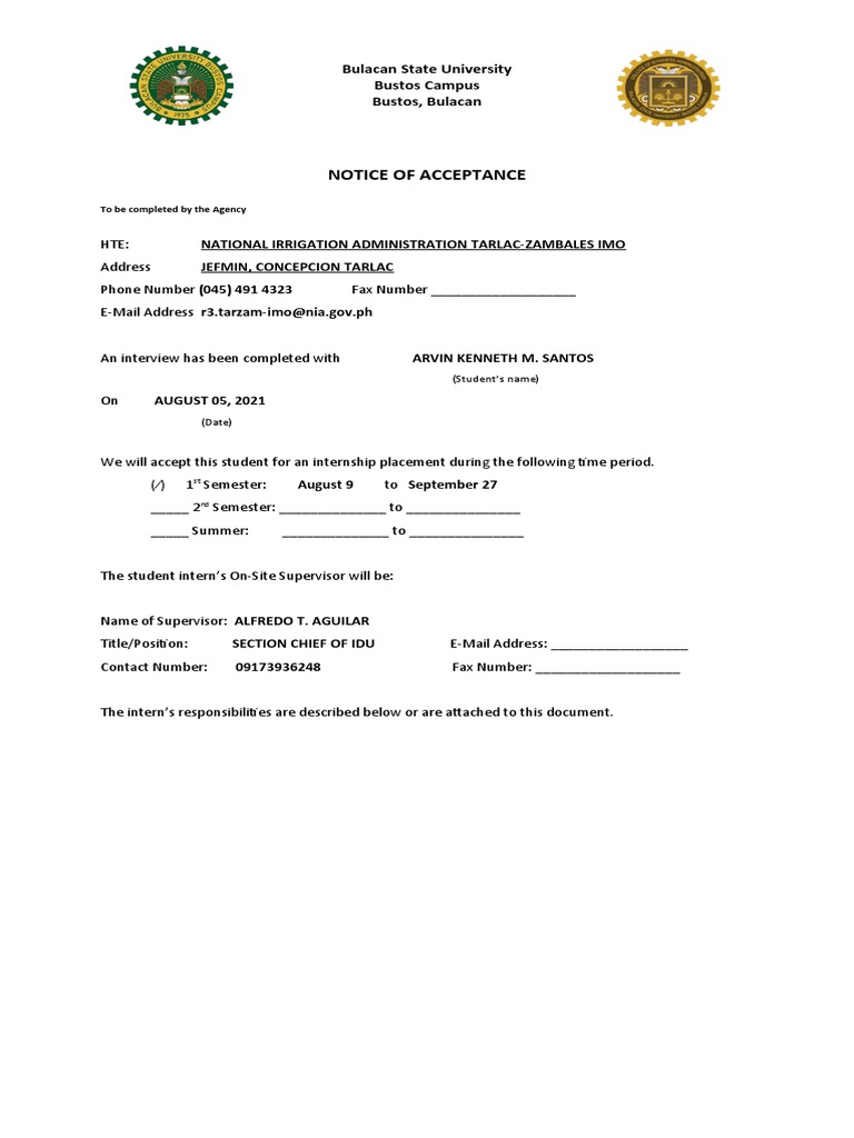 BulSU Form Notice of Acceptance For OJT | PDF