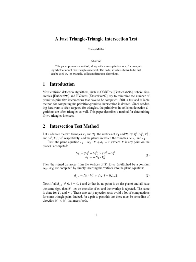 A Fast Triangle-Triangle Intersection Test | PDF | Triangle | Plane ...