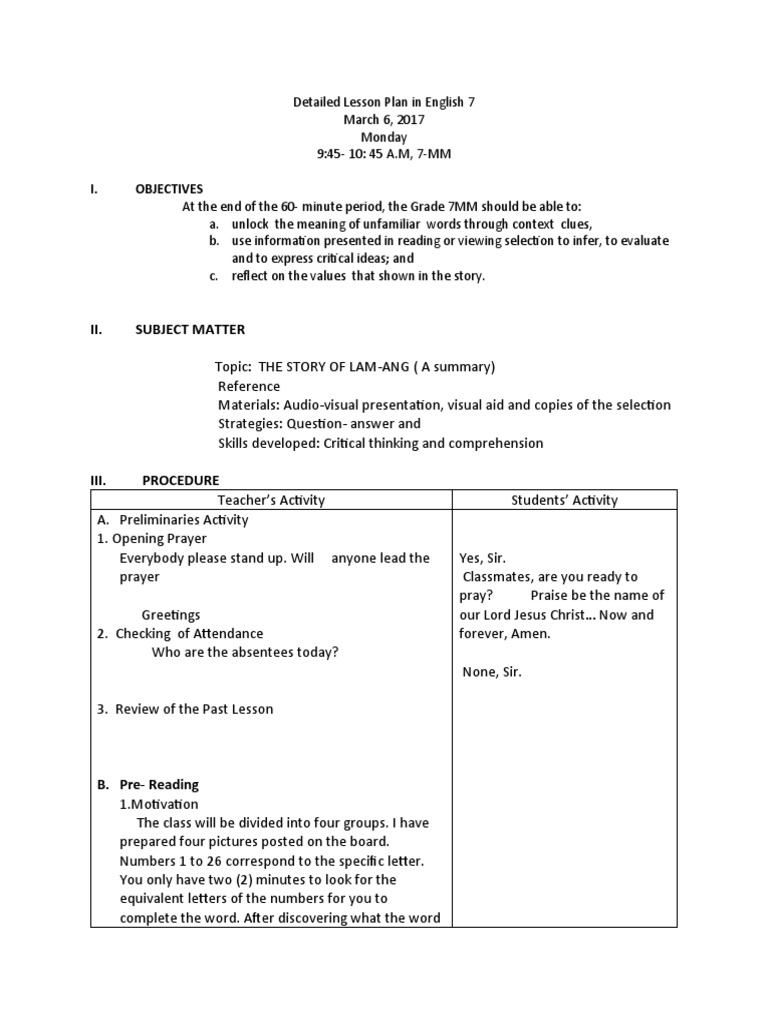 Detailed Lesson Plan in English 7 Final Demo. | PDF | Lesson Plan ...