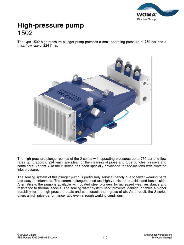High-Pressure Pump: © Woma GMBH Änderungen Vorbehalten! PDS Pumpe 1502 ...