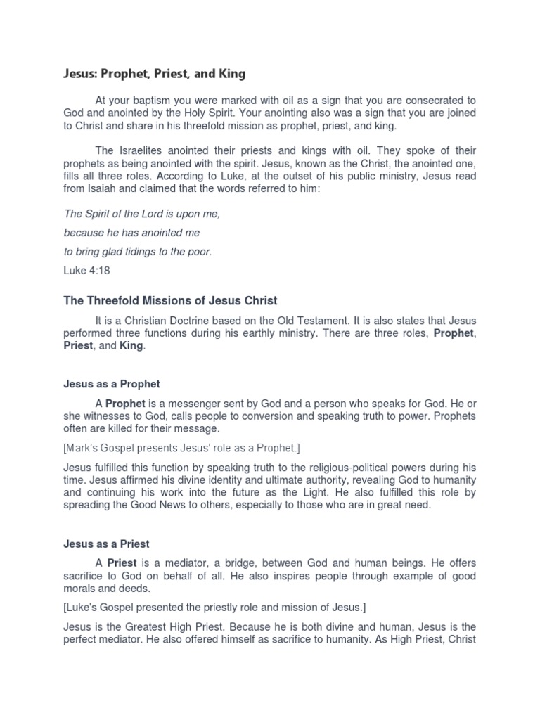 Jesus' Threefold Mission as Prophet, Priest and King According to the ...