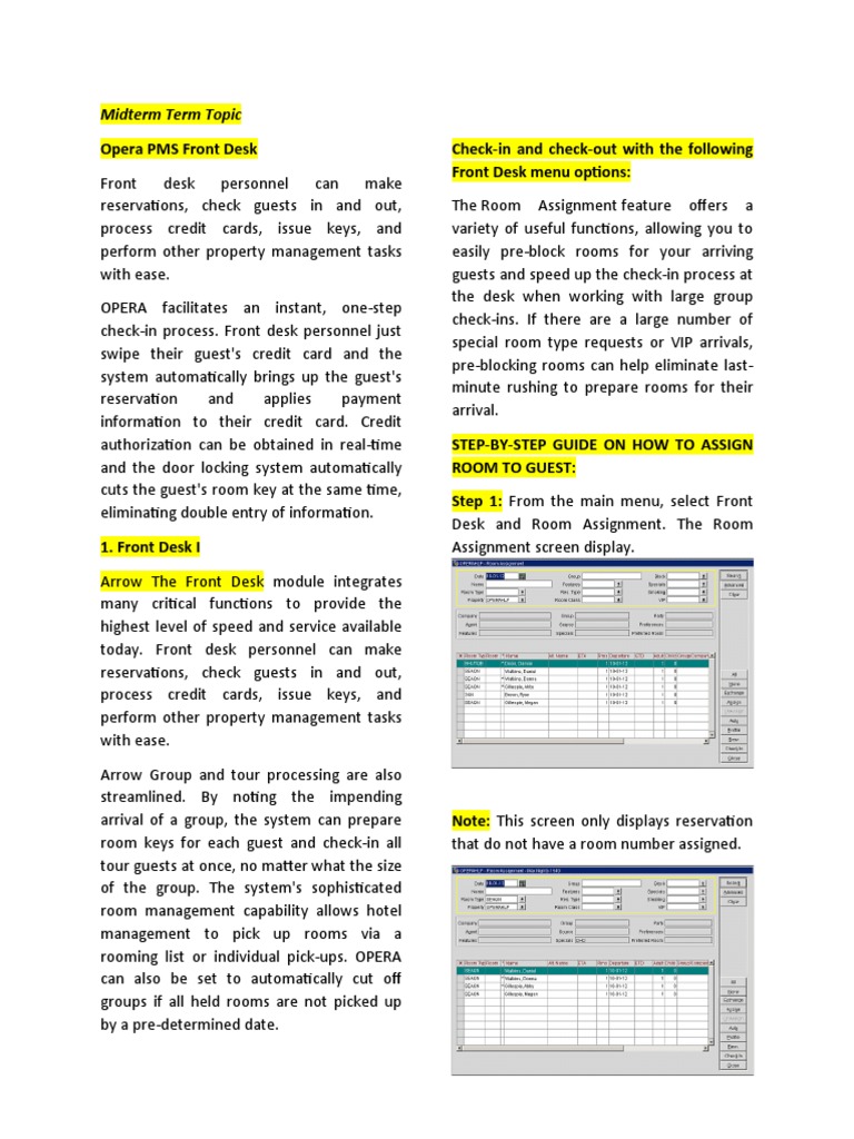 Opera PMS Front Desk Check-In and Check-Out With The Following Front ...