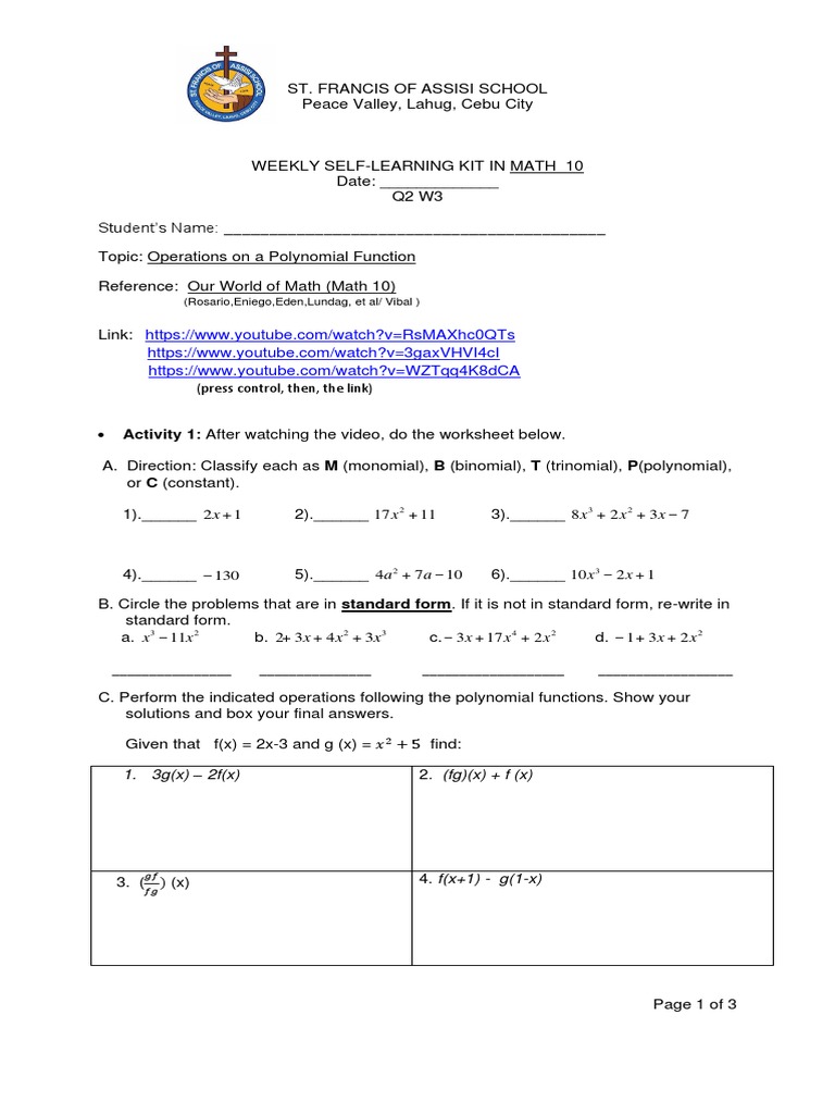 Operations on Polynomial Functions: A Self-Learning Kit with Activities ...