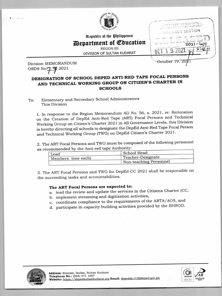 DM-OSDS No. 77, S. 2021 DESIGNATION OF SCHOOL DEPED ANTI-RED TAPE FOCAL ...