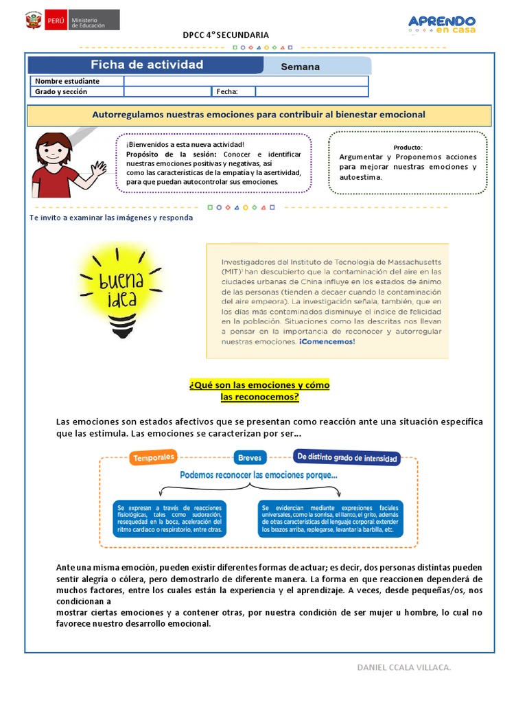 Ficha Actividad Estud 4B SEC Semana 11 | PDF | Las emociones | Autoestima