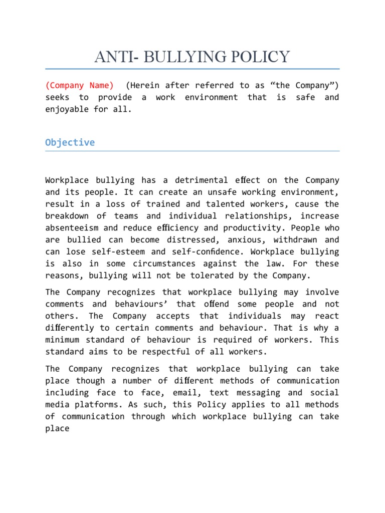 Anti - Bullying Policy | PDF | Workplace Bullying | Harassment