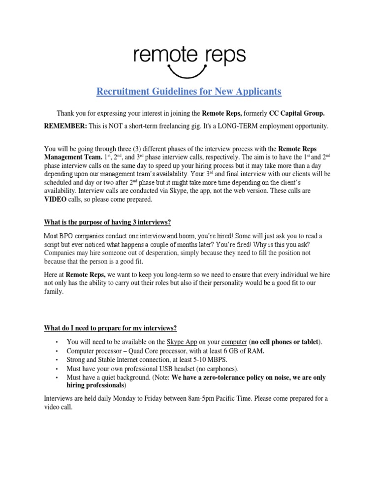 Remote Reps Hiring Guidelines | PDF | Application Software | Interview