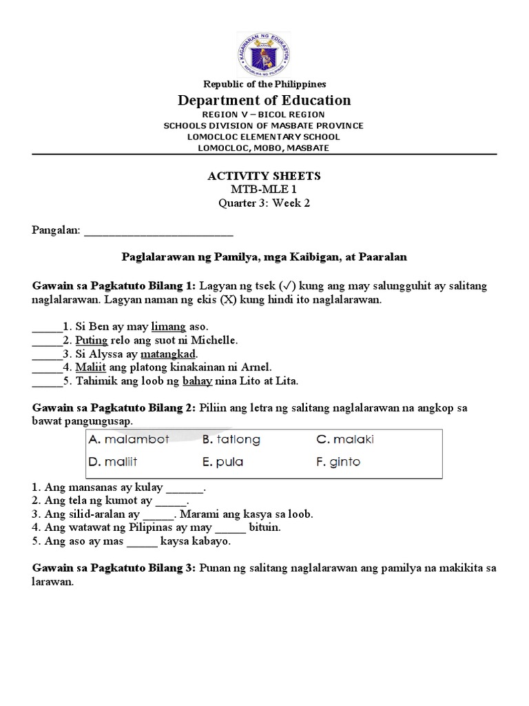 MTB-MLE 1 Activity Sheet Q3 W2 | PDF