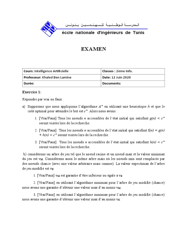 Examen IA: Algorithmes et Réseaux Bayésiens | PDF | Loi de probabilité | Probabilité