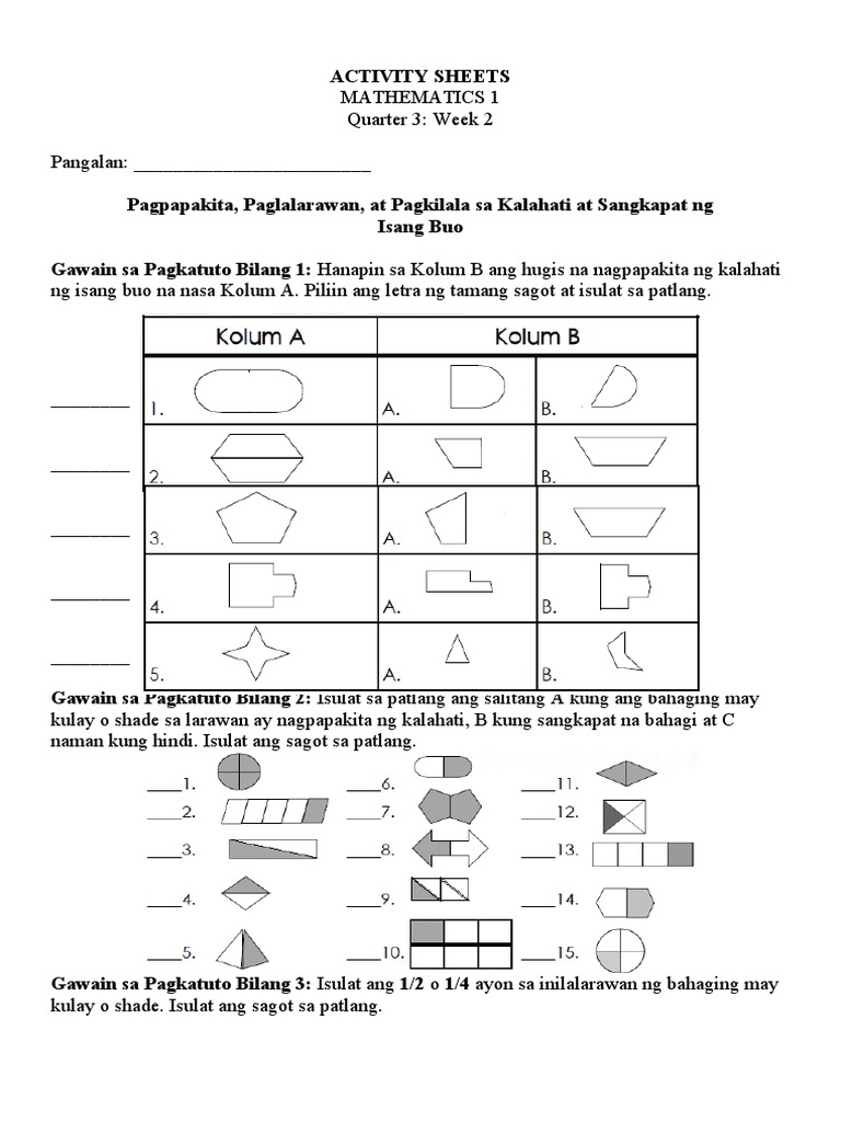 MATHEMATICS 1 Activity Sheet Q3 W2 | PDF