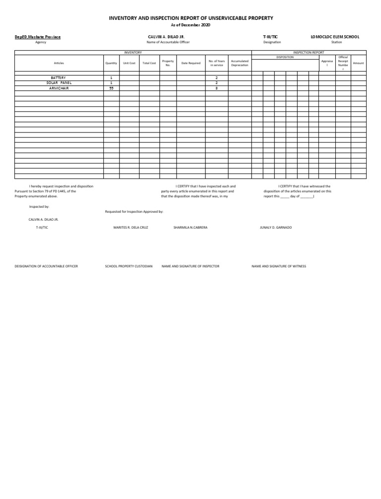 Inventory and Inspection Report of Unserviceable Property at Lomocloc ...