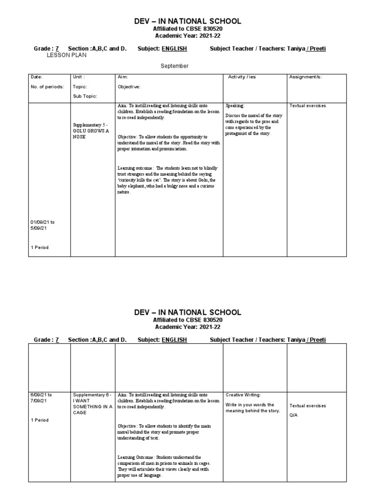Lesson Plan - GRADE 7 - SEPTEMBER | PDF | Lesson Plan | Cognitive Science
