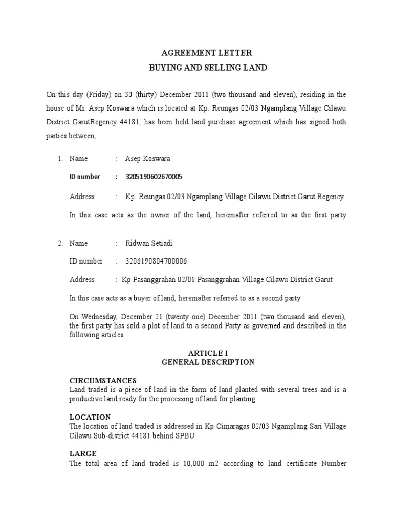 Agreement Letter Buying and Selling Land | PDF | Indonesian Rupiah ...