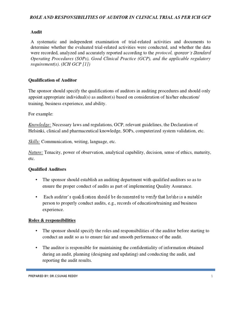 Audit: Role and Responsibilities of Auditor in Clinical Trial As Per ...