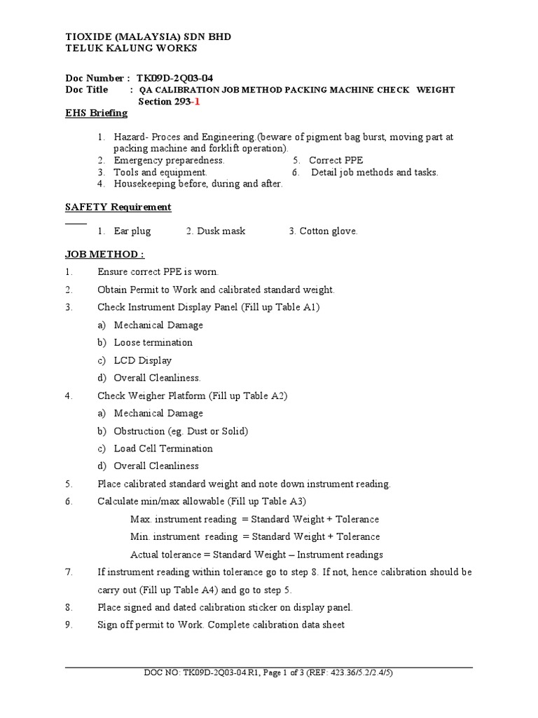 04 - QA Calibration Job Method For Packing Machine Check Weight 1 | PDF ...