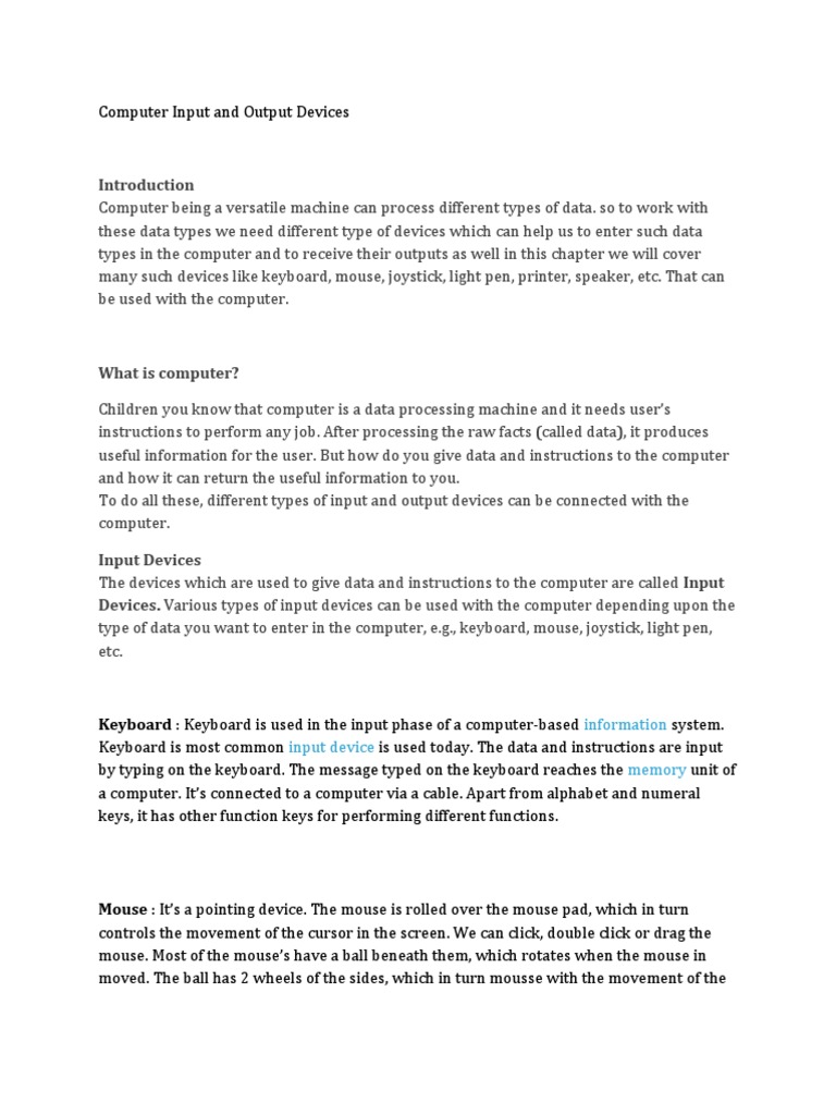 Computer I/O Devices Guide | PDF | Printer (Computing) | Computer Monitor