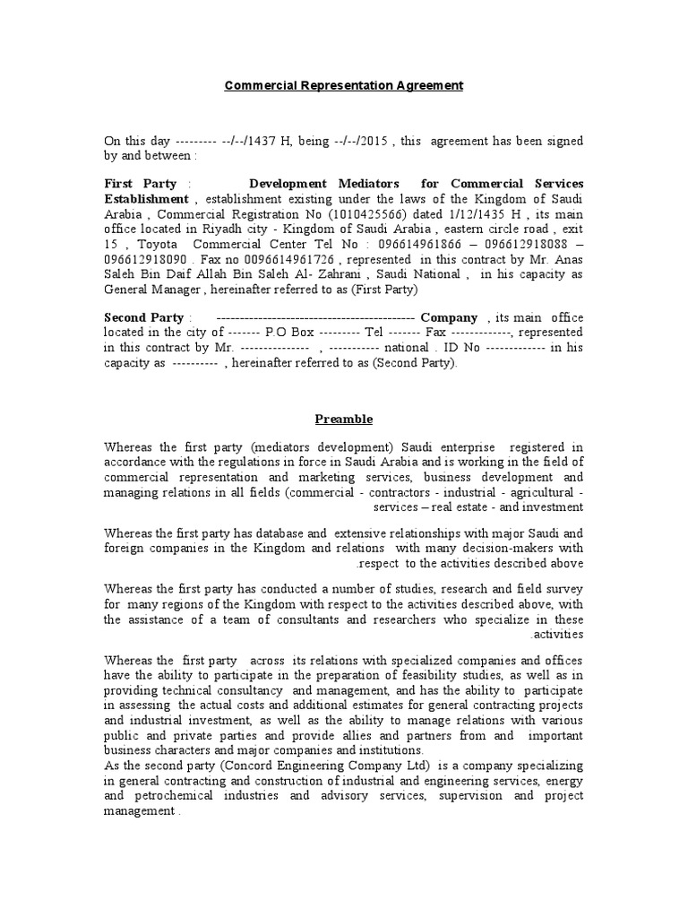 Commercial Representation Agreement | PDF | Arbitration | Contractual Term