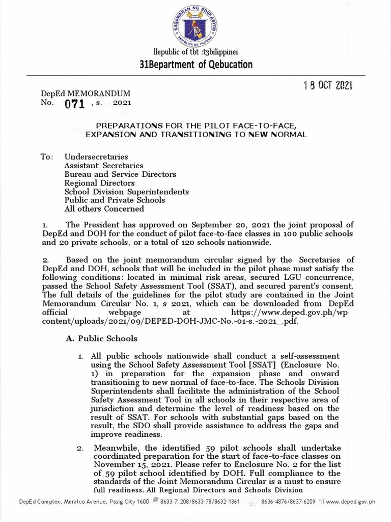 Deped Memo 071 Preparyion of Pilot Face To Face | PDF | Business
