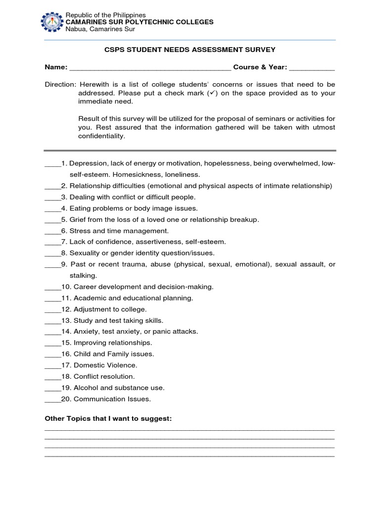 Student Needs Assessment Survey | PDF | Career & Growth