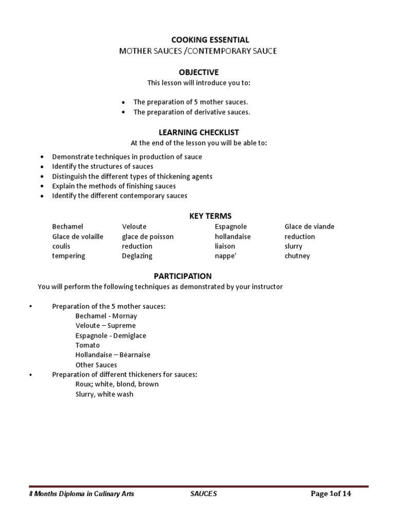 Week 7 Mother Sauces & Contemporary Sauce | PDF | Sauce | Stock (Food)