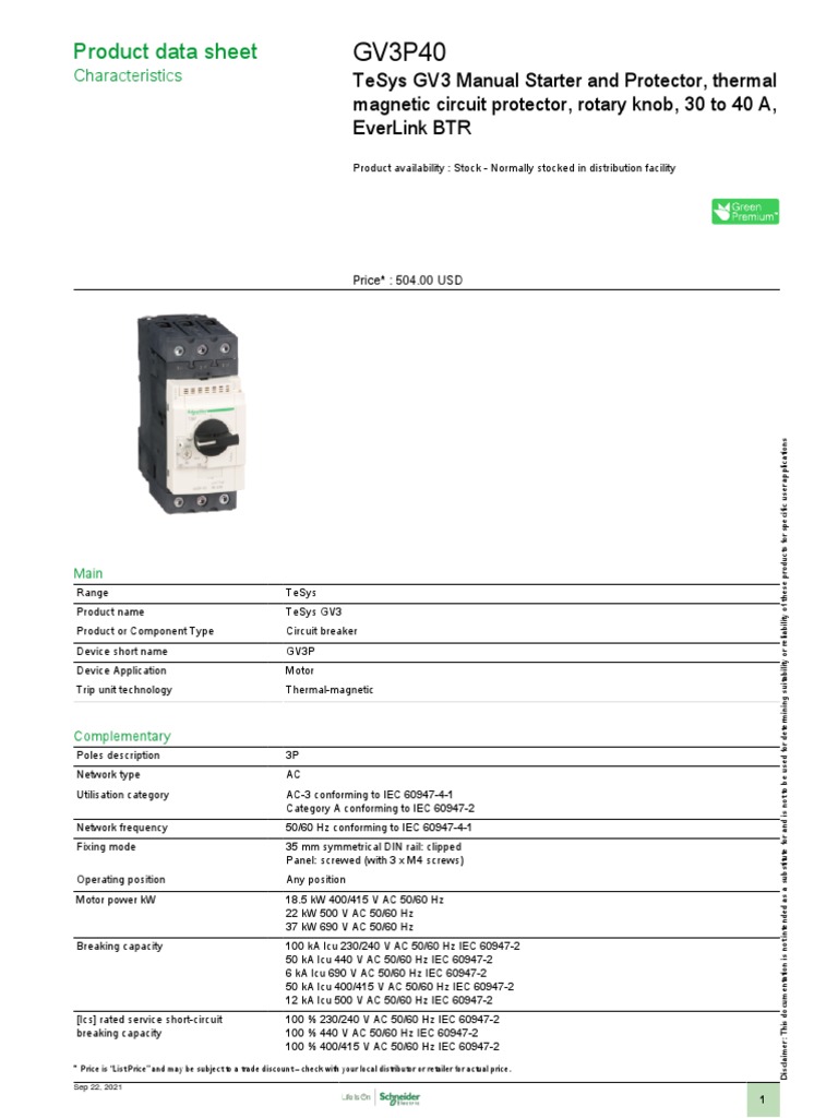 TeSys GV3 Manual Starters and Protectors - GV3P40 | PDF | Electric ...