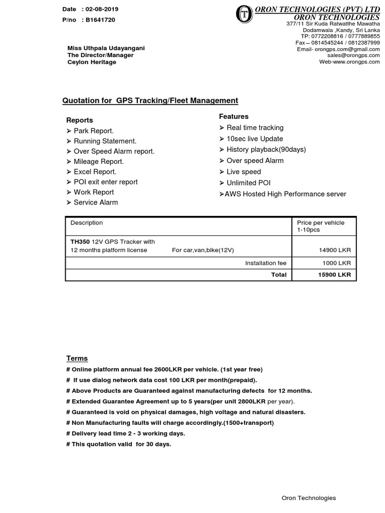 Quotation For GPS Tracking/Fleet Management: Reports Features | PDF ...