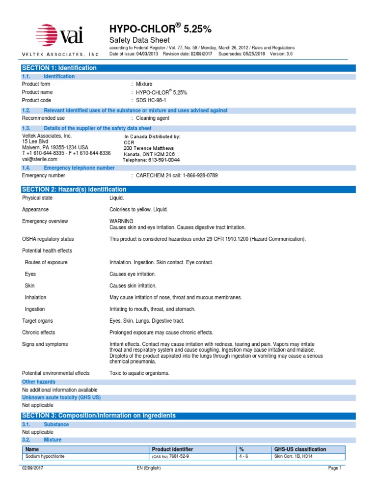 Hypo-Chlor 5.25%: Safety Data Sheet | PDF | Firefighting | Toxicity