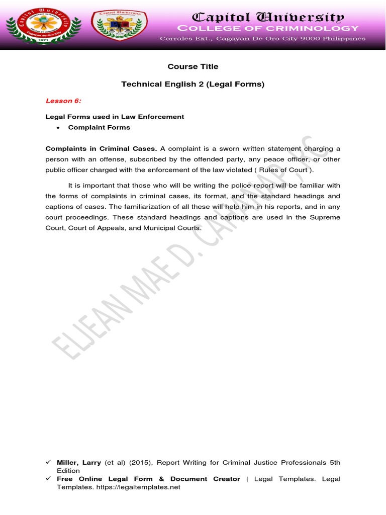 CR92 - ORAL COVERAGE-Lesson 6 Legal Forms - Complaint Form | PDF