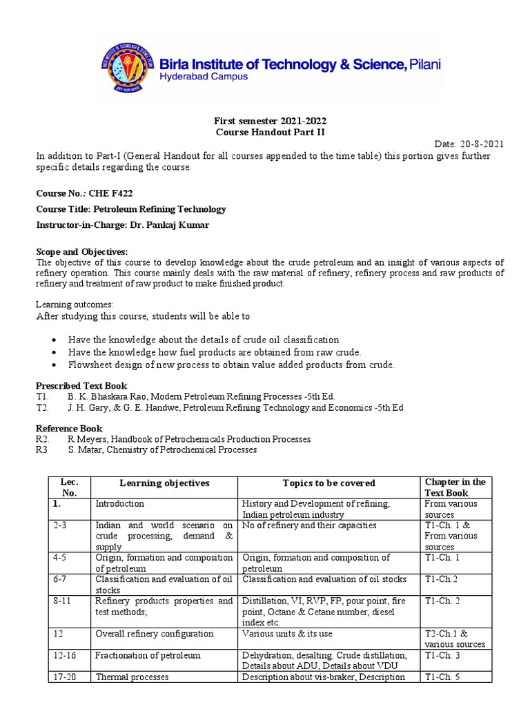 First Semester 2021-2022 Course Handout Part II | PDF | Oil Refinery | Petroleum