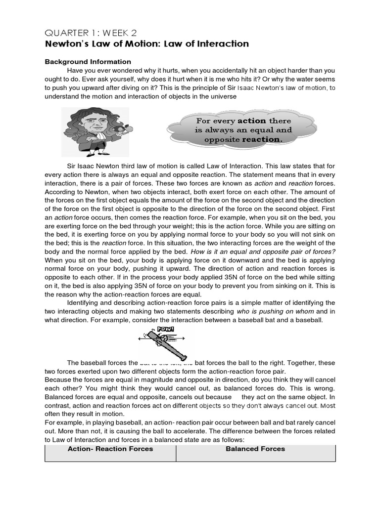 Newton's Law of Motion: Law of Interaction: Quarter 1: Week 2 | PDF ...