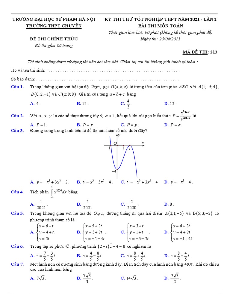De Thi Thu Toan TN THPT 2021 Lan 2 Truong THPT Chuyen Su Pham Ha Noi | PDF