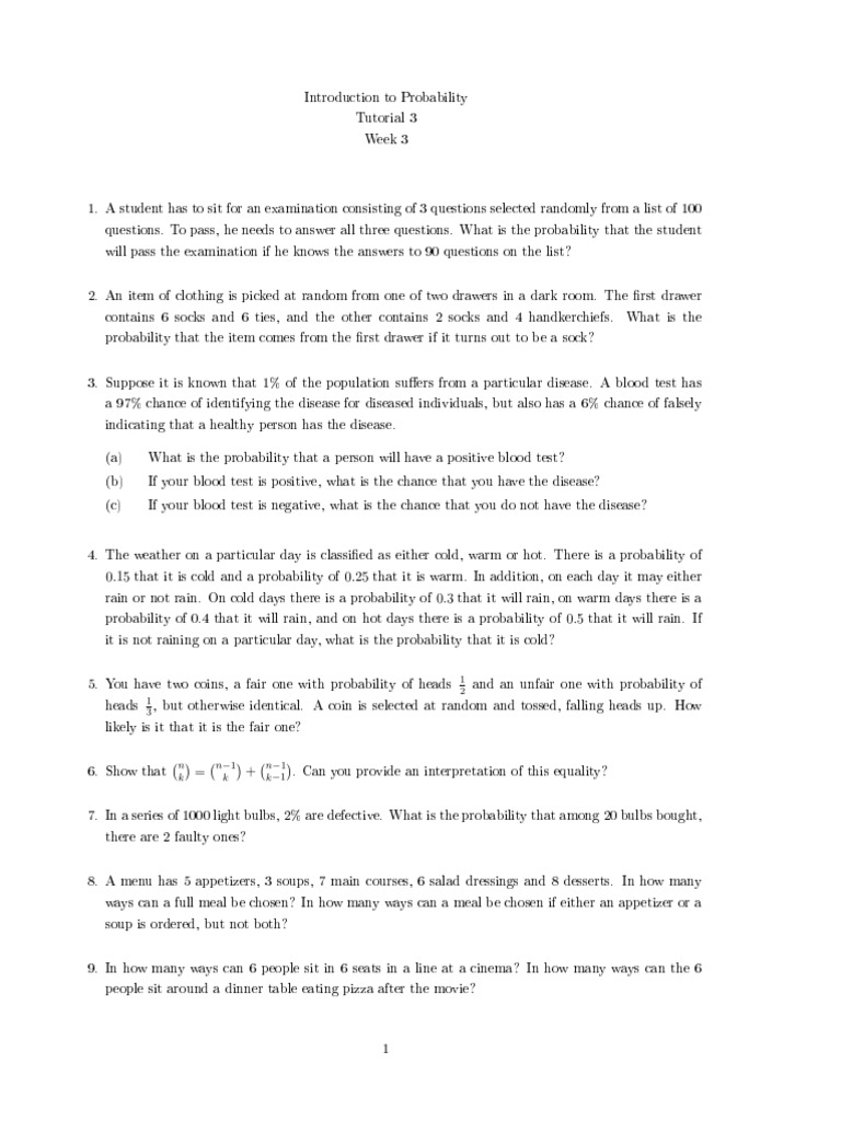 Introduction to Probability Tutorial 3 | PDF | Meal | Probability