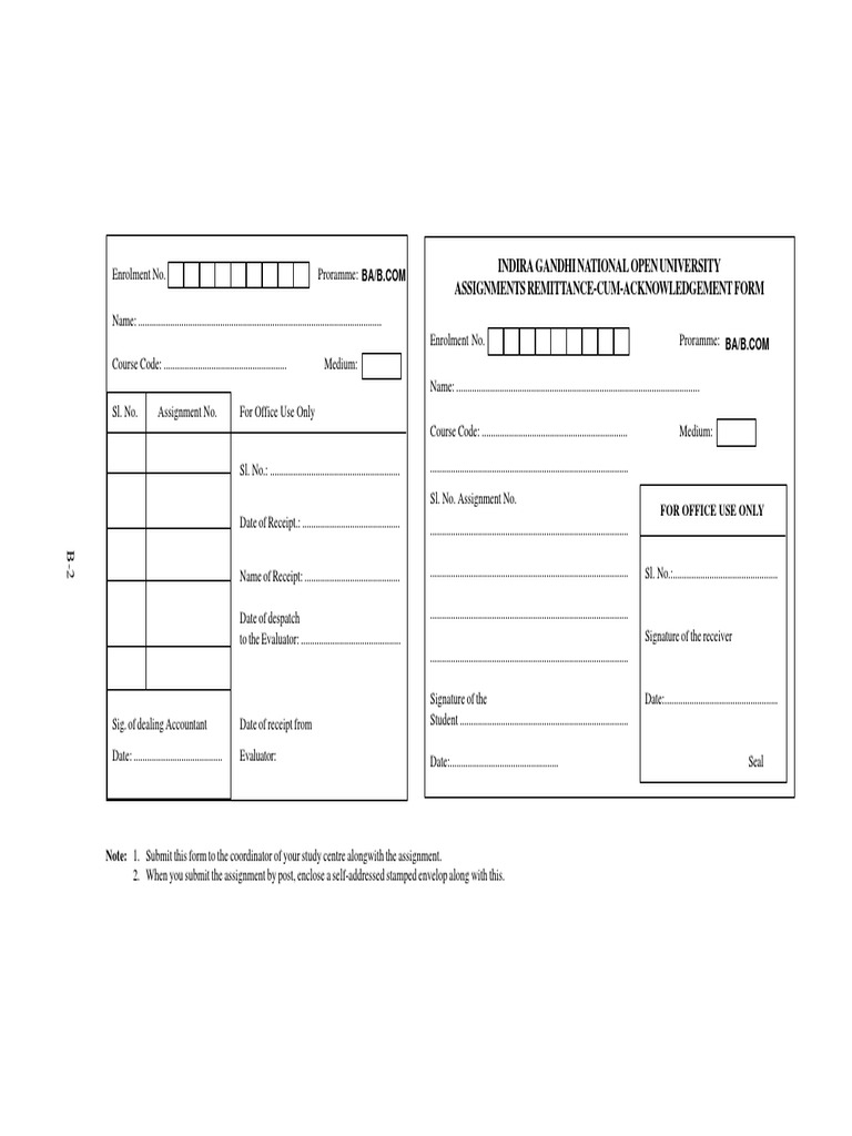 Indira Gandhi National Open University Assignments Remittance-Cum ...